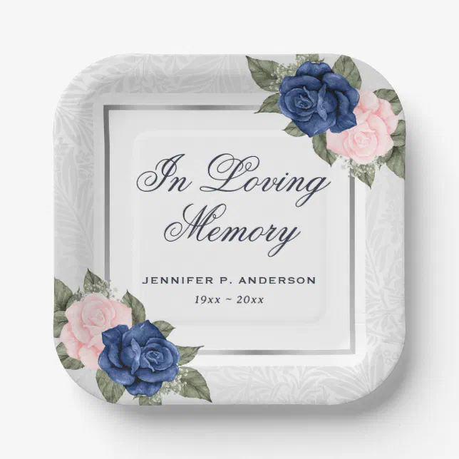 Elegant Pink Blue Silver Floral Memorial Funeral Paper Plates | Zazzle
