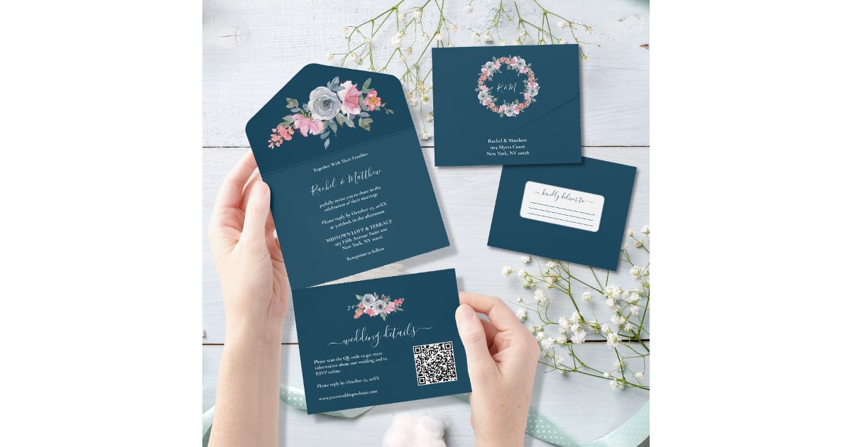 Elegant Pink Blue Watercolor Floral Wedding All In One Invitation | Zazzle