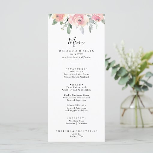 Elegant Pink Blush Floral Dinner Menu | Zazzle
