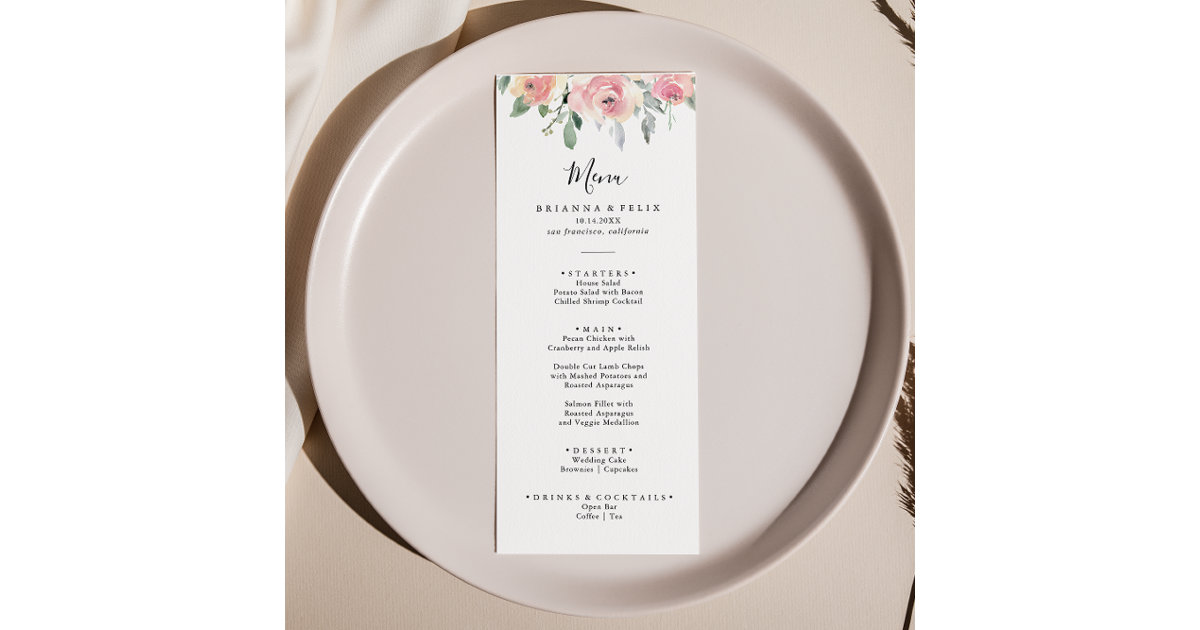 Elegant Pink Blush Floral Dinner Menu | Zazzle