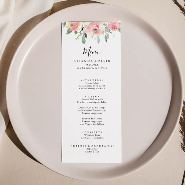 Elegant Pink Blush Floral Dinner Menu | Zazzle