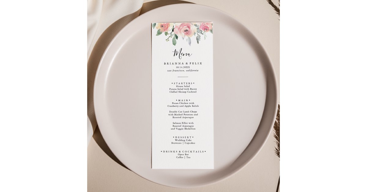 Elegant Pink Blush Floral Dinner Menu | Zazzle