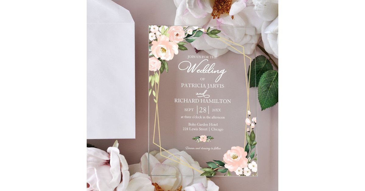 Elegant Pink Blush Floral Wedding Acrylic Invitations | Zazzle