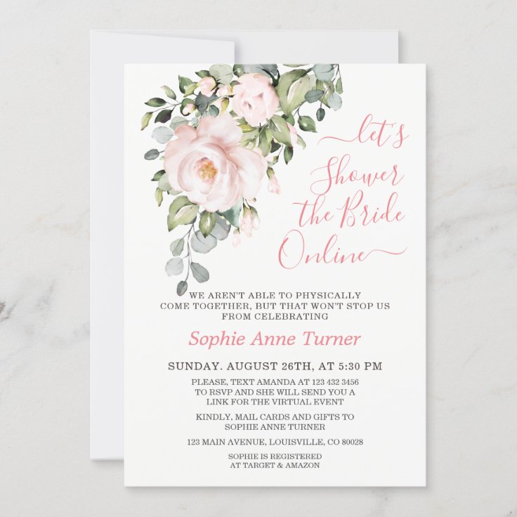 Elegant Pink Blush Flowers Virtual Bridal Shower Invitation | Zazzle
