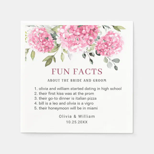 Elegant Pink Blush Hydrangea Fun Facts Wedding Napkins | Zazzle