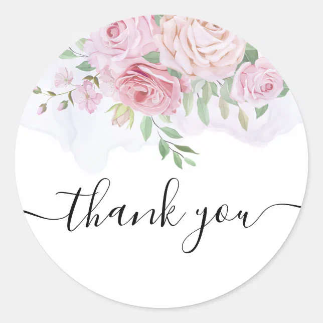 Elegant pink blush roses thank you classic round sticker | Zazzle
