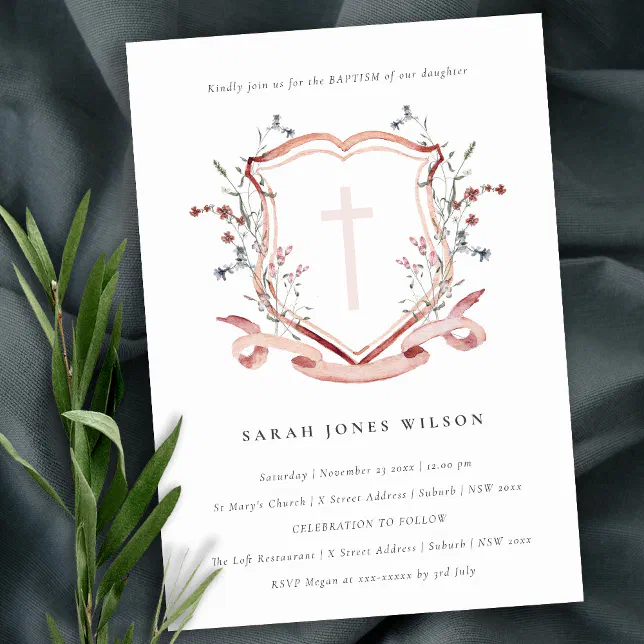 Elegant Pink Blush Wildflower Cross Crest Baptism Invitation | Zazzle