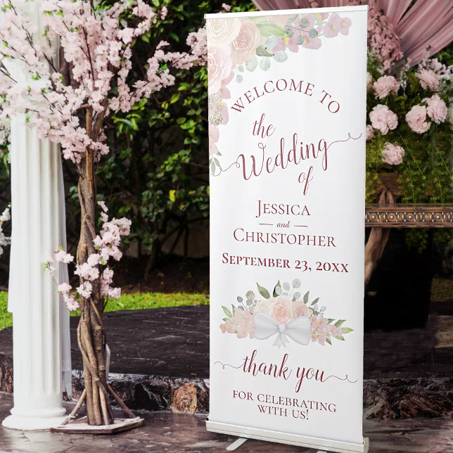 Elegant Pink Boho Chic Floral Wedding Welcome Retractable Banner | Zazzle