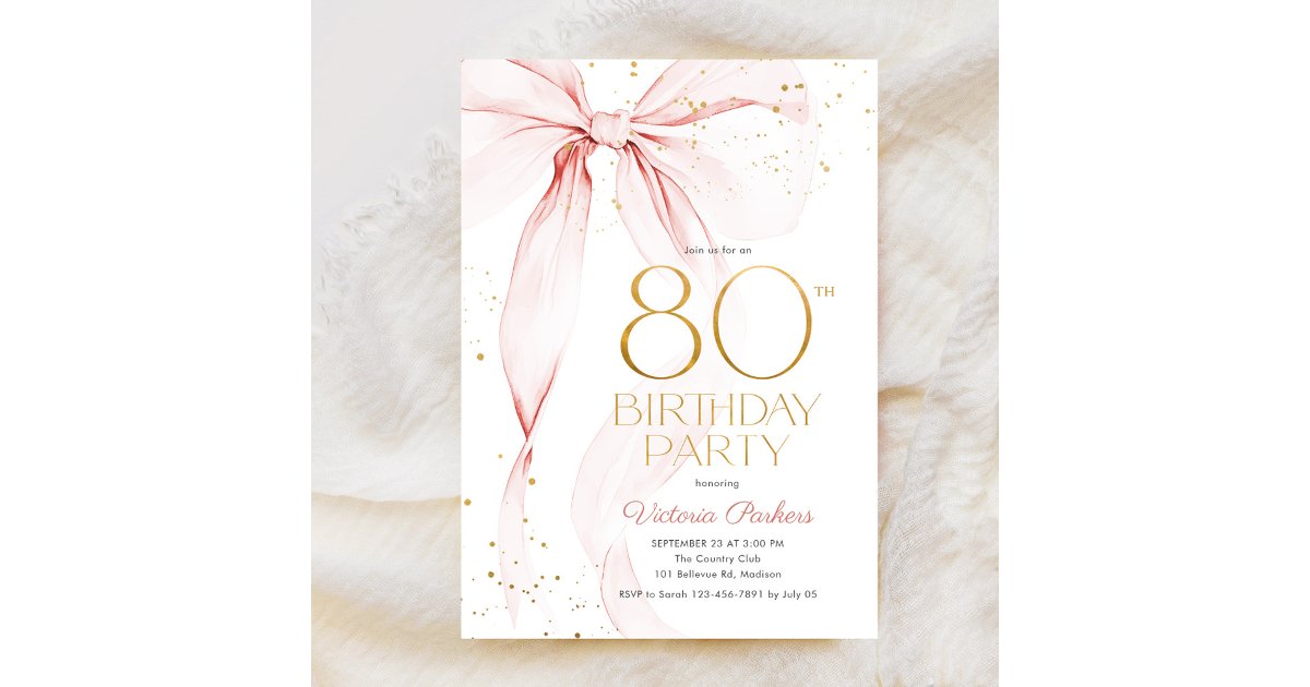Elegant Pink Bow 80th Birthday Invitation | Zazzle