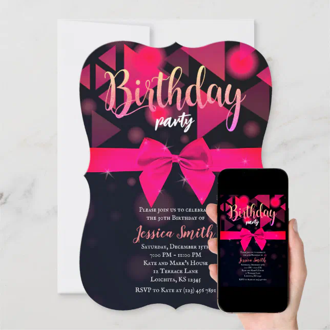 Elegant Pink Bow Birthday Party Invitation | Zazzle