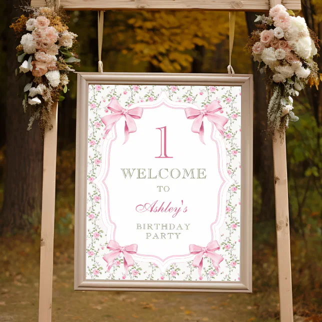 Elegant Pink Bow Coquette 1st Birthday Welcome Poster | Zazzle