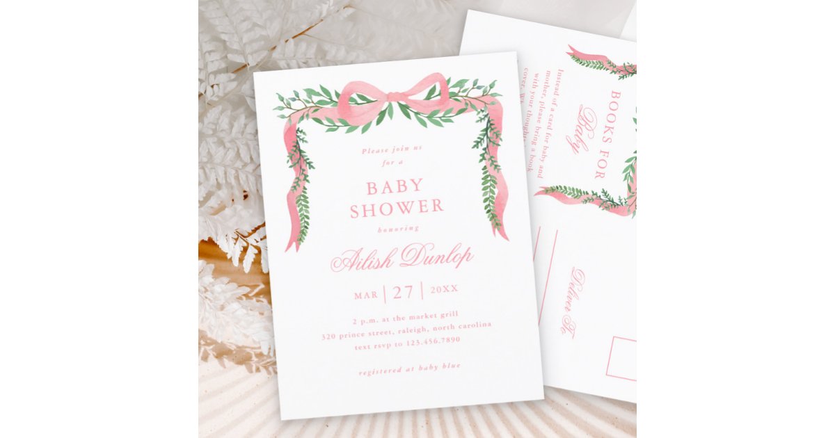Elegant Pink Bow Girl Baby Shower Invitation Postcard | Zazzle
