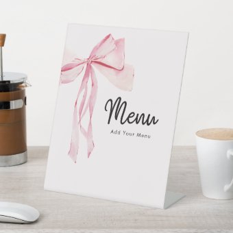Elegant Pink Bow Menu Bridal Shower Pedestal Sign | Zazzle