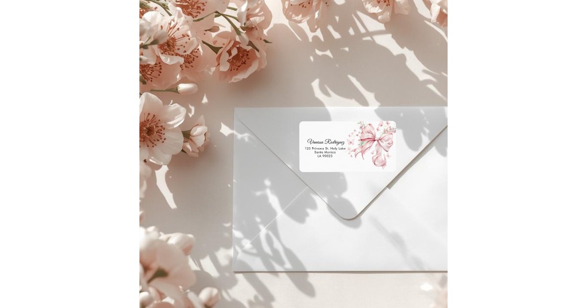 Elegant Pink Bow & Pearls Wildflowers Address Label | Zazzle