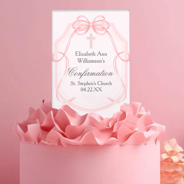 Elegant Pink Bow Ribbon Confirmation Party Cake Topper | Zazzle
