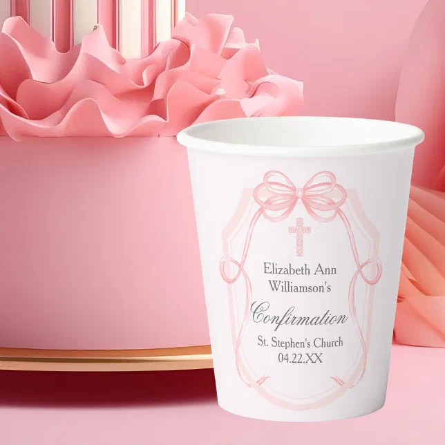 Elegant Pink Bow Ribbon Confirmation Party Paper Cups | Zazzle
