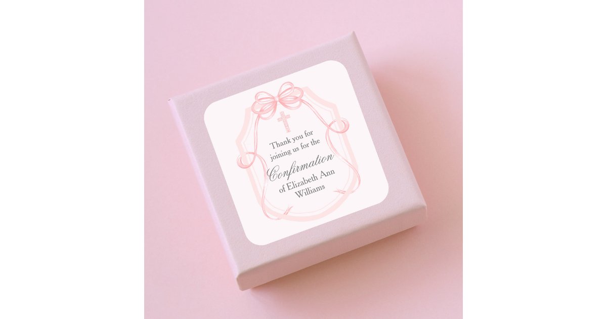 Elegant Pink Bow Ribbon Confirmation Party Square Sticker | Zazzle