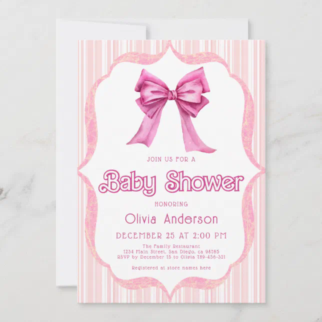Elegant Pink Bow Trendy Baby Shower Invitation | Zazzle