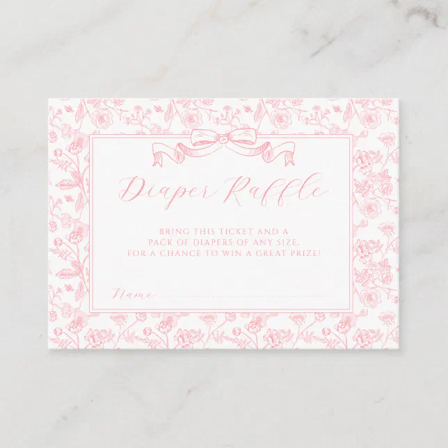Elegant Pink Bow Vintage Floral Diaper Raffle Enclosure Card | Zazzle