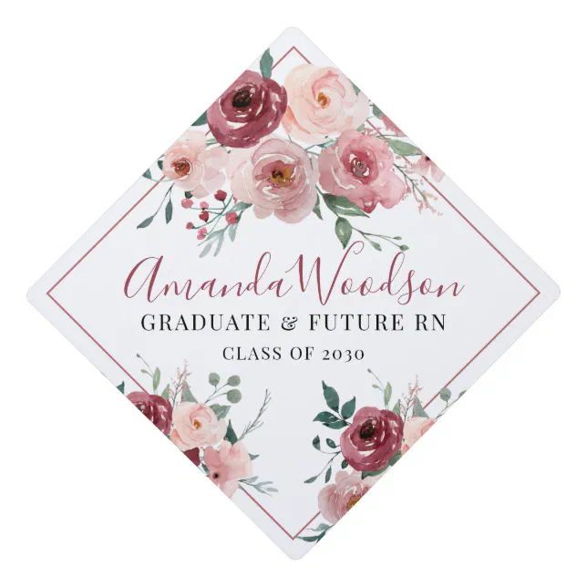 Elegant Pink Burgun Floral Graduating Nurse Graduation Cap Topper | Zazzle