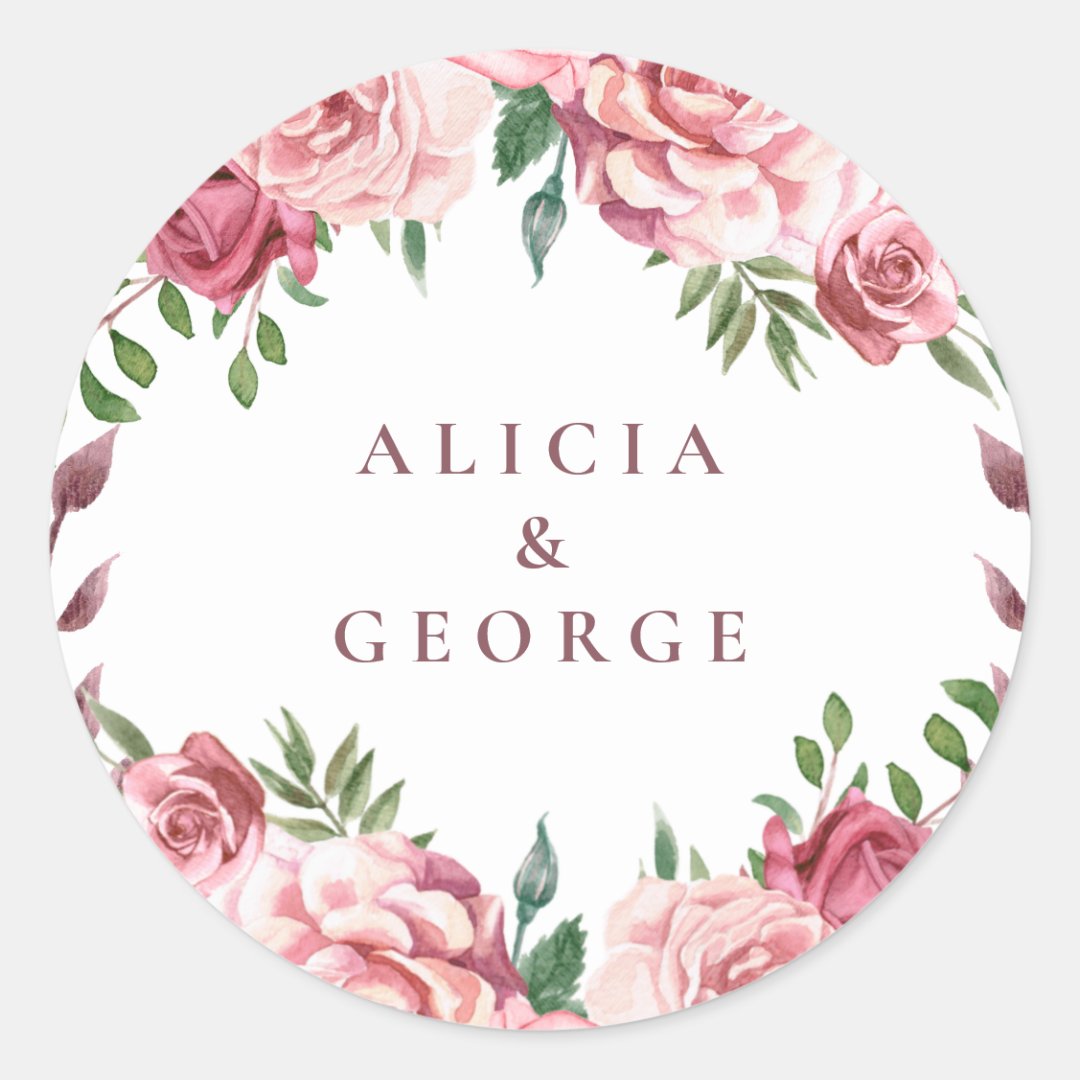 Elegant pink burgundy roses wedding favor classic round sticker | Zazzle