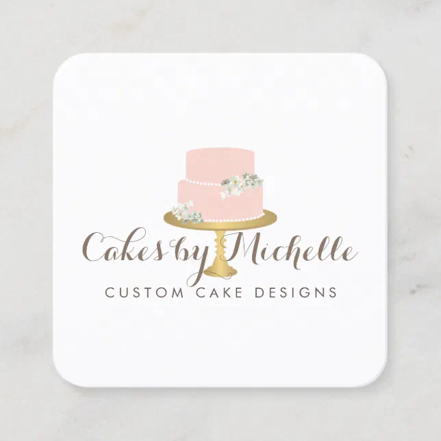 Elegant Pink Cake with Florals Cake Decorating Square Business Card ...