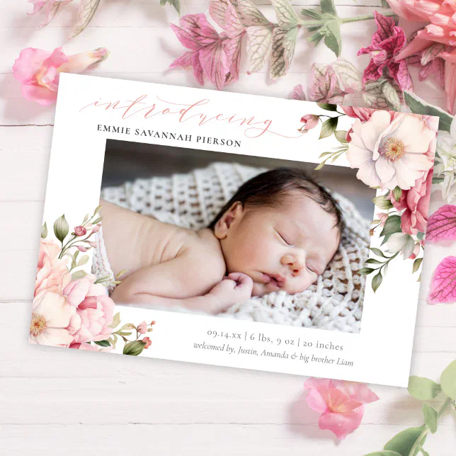 Elegant Pink Calligraphy Floral Baby Photo Birth Announcement | Zazzle