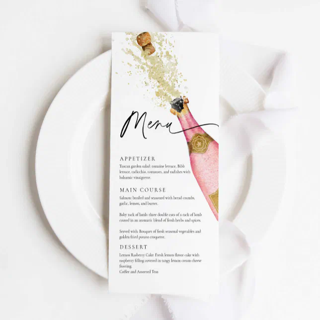 Elegant Pink Champagne Theme Menu Card | Zazzle