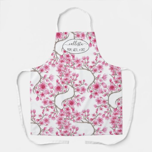 Elegant Pink Cherry Blossom Floral Watercolor Apron | Zazzle