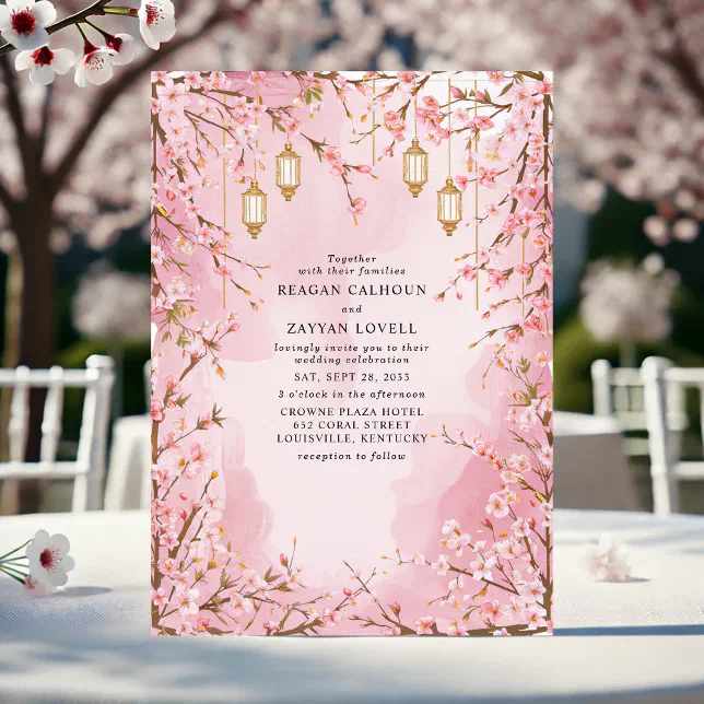 Elegant Pink Cherry Blossom Lantern Wedding Invitation | Zazzle