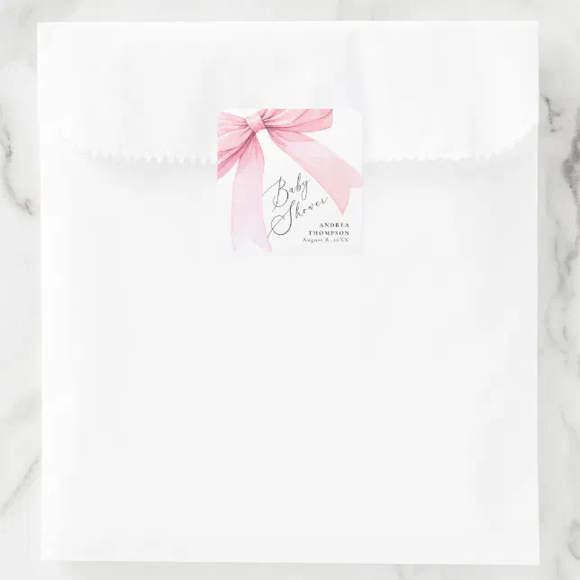 Elegant Pink Coquette Bow Baby Shower Girl Square Sticker | Zazzle