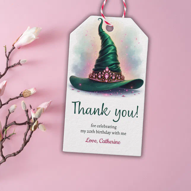 Elegant Pink Crown Green Witch Hat Birthday Gift Tags | Zazzle
