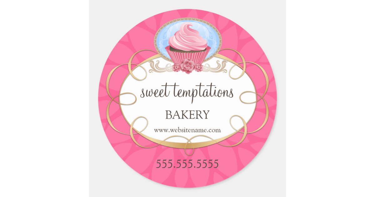 Elegant Pink Cupcake Bakery Packaging Classic Round Sticker | Zazzle