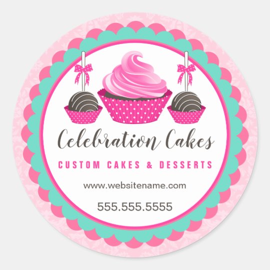 Elegant Pink Cupcake Cake Pops Scalloped Banner Classic Round Sticker ...
