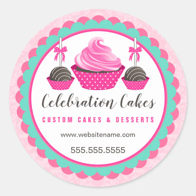 Elegant Pink Cupcake Cake Pops Scalloped Banner Classic Round Sticker ...