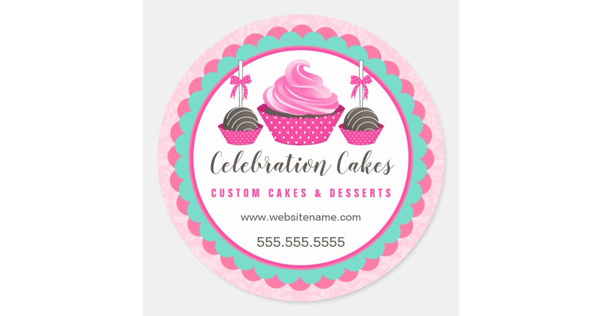 Elegant Pink Cupcake Cake Pops Scalloped Banner Classic Round Sticker ...