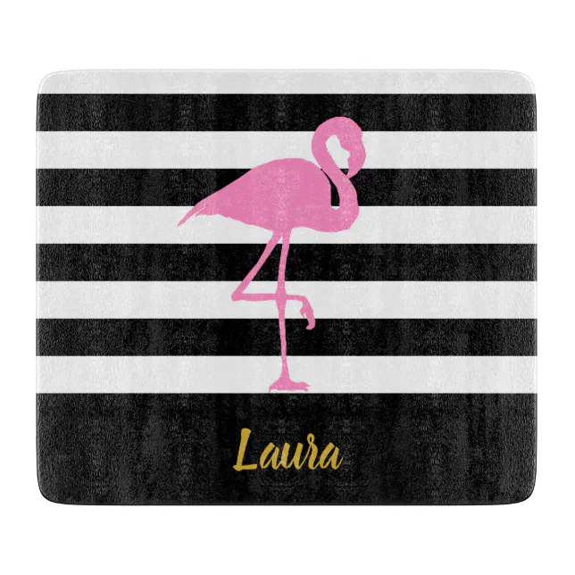 Elegant Pink Flamingo Black White Gold Script Name Cutting Board | Zazzle