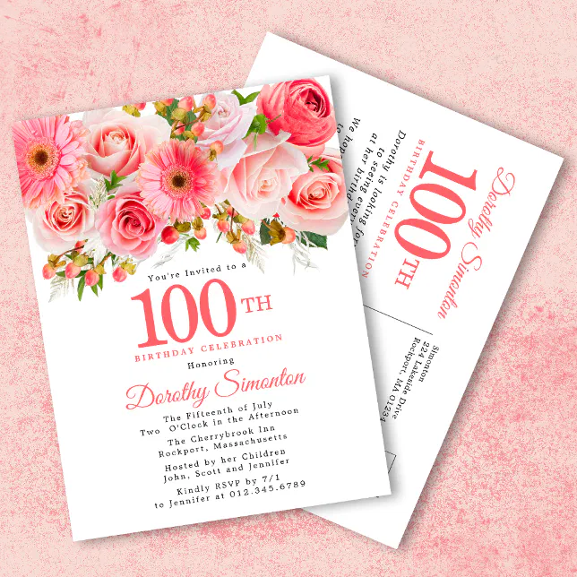 Elegant Pink Floral 100th Birthday Invitation Postcard | Zazzle