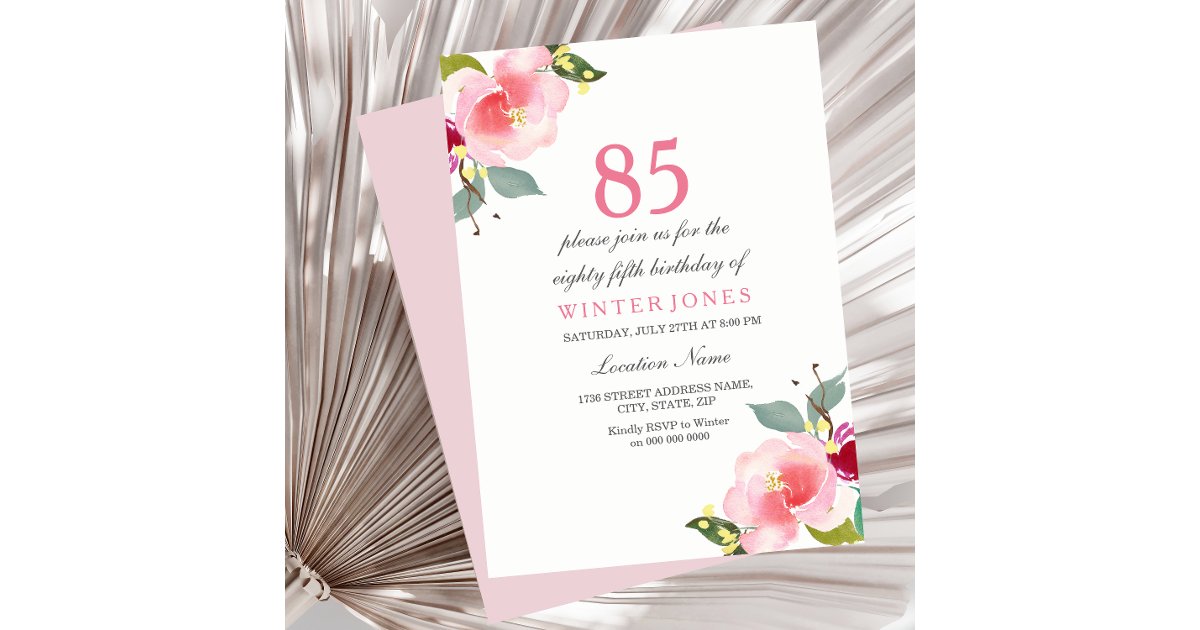 Elegant Pink Floral 85th Birthday Party Invitation | Zazzle
