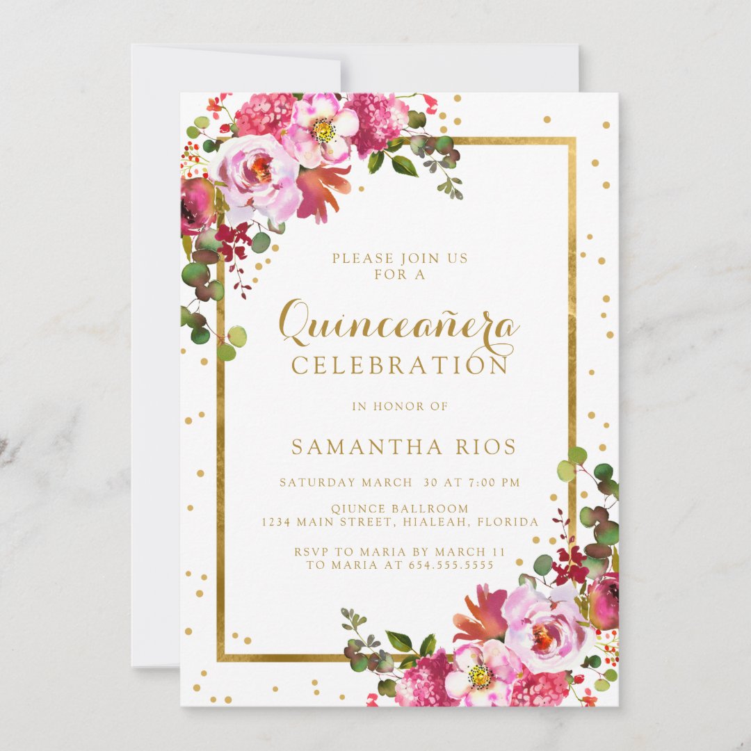 Elegant Pink Floral and Golden Frame Quinceanera Invitation | Zazzle