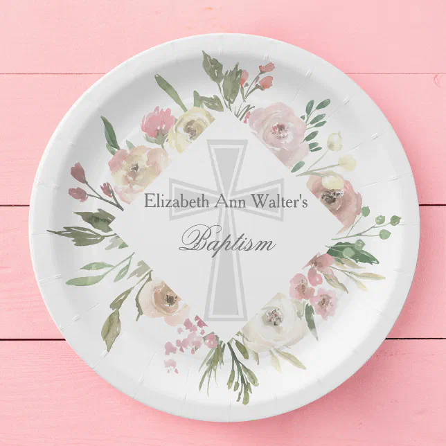 Elegant Pink Floral Baptism Religious Custom Party Paper Plates | Zazzle
