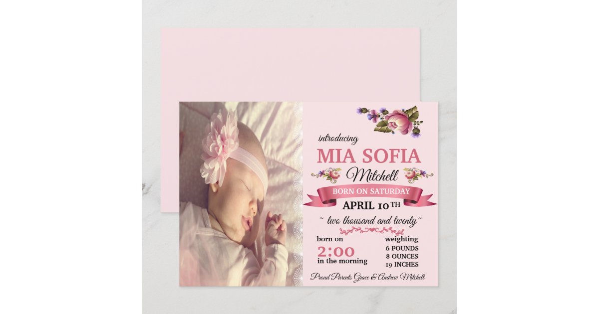 Elegant Pink Floral Birth Announcement | Zazzle