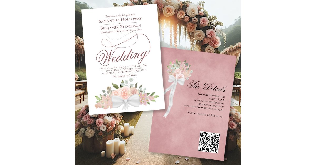 Elegant Pink Floral Bouquet QR Code Wedding Invitation | Zazzle