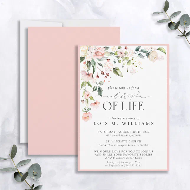 Elegant Pink Floral Celebration of Life Invitation | Zazzle