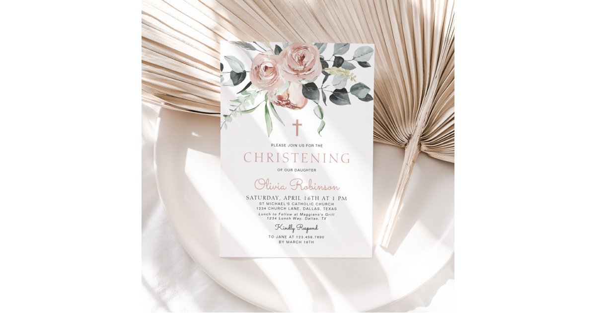 Elegant Pink Floral Christening Baptism Invitation | Zazzle