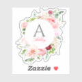 Elegant Pink Floral Circle Frame Name Monogram Sticker | Zazzle
