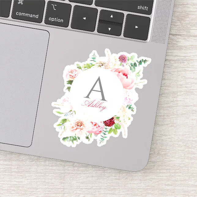 Elegant Pink Floral Circle Frame Name Monogram Sticker | Zazzle