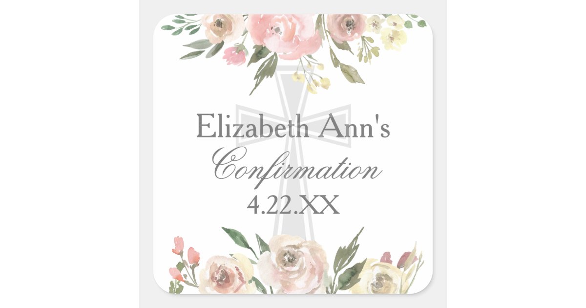 Elegant Pink Floral Confirmation Party Custom Square Sticker | Zazzle
