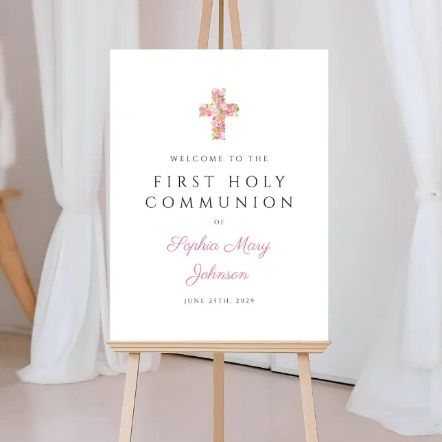 Elegant Pink Floral Cross First Communion Welcome Foam Board | Zazzle