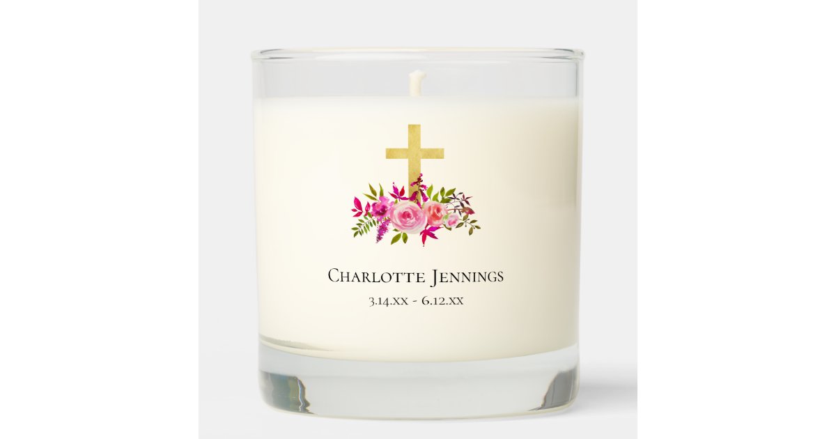 Elegant Pink Floral Cross In Memory Scented Candle | Zazzle